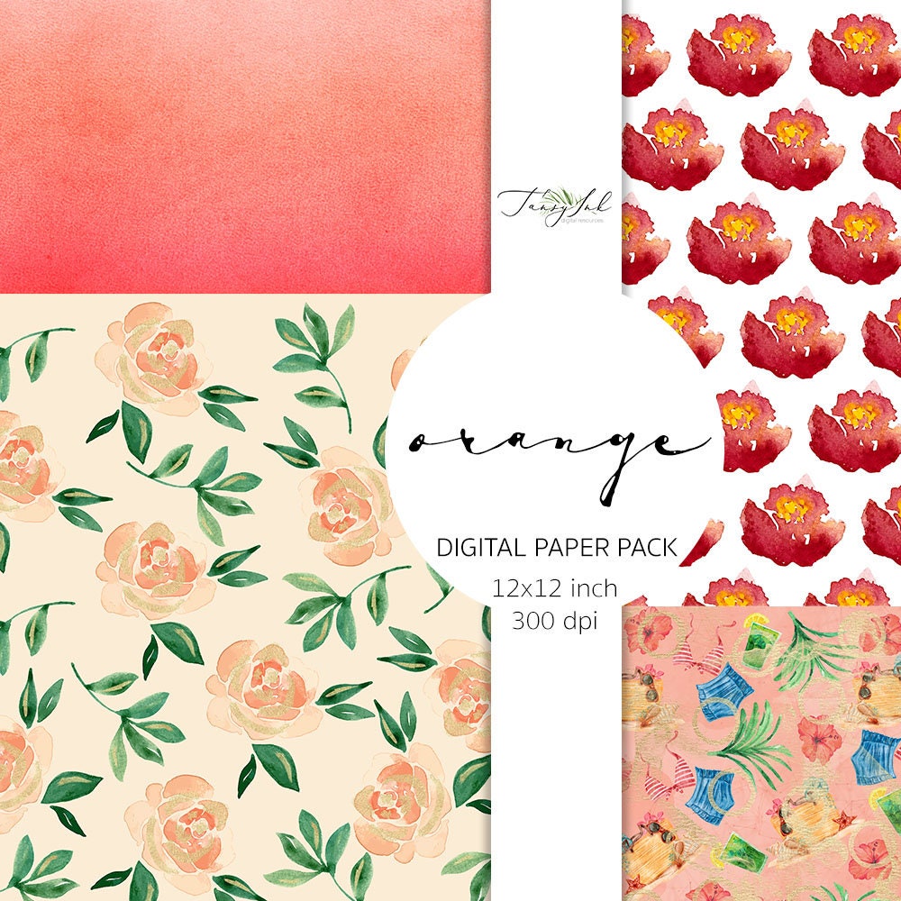 Orange Digital Paper Orange Watercolor Paper Orange Flowers | Etsy