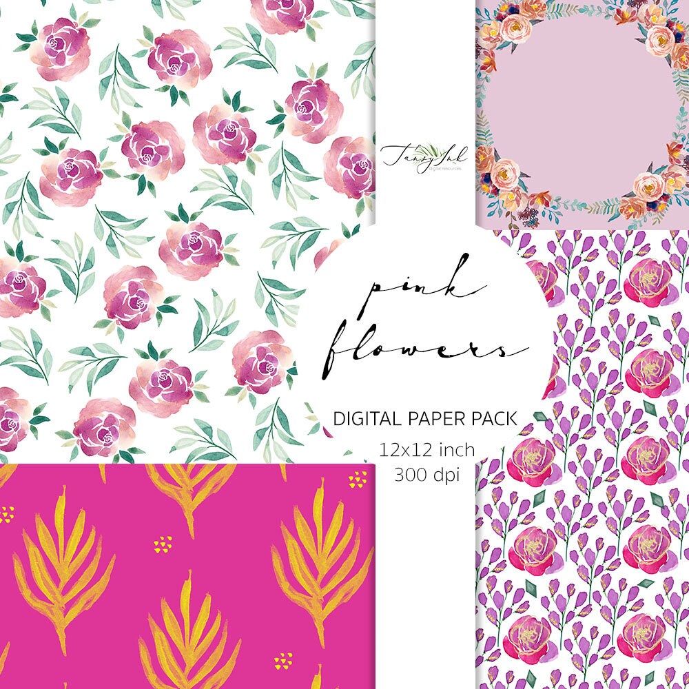 Pink Flowers Digital Paper, Watercolor Flowers, Scrapbooking Paper ...