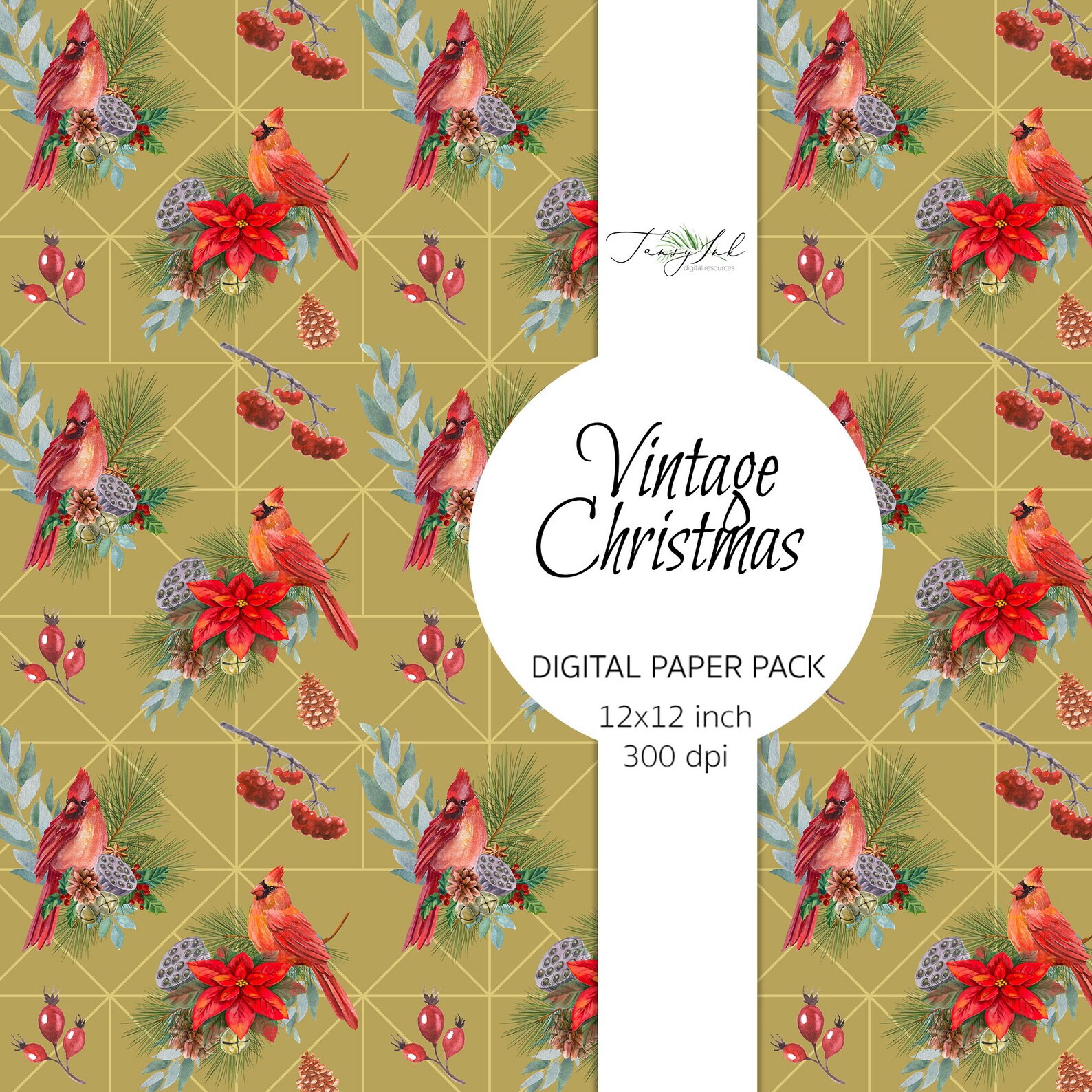 Vintage Christmas Digital Paper, Floral Pattern, Xmas Paper, Winter ...