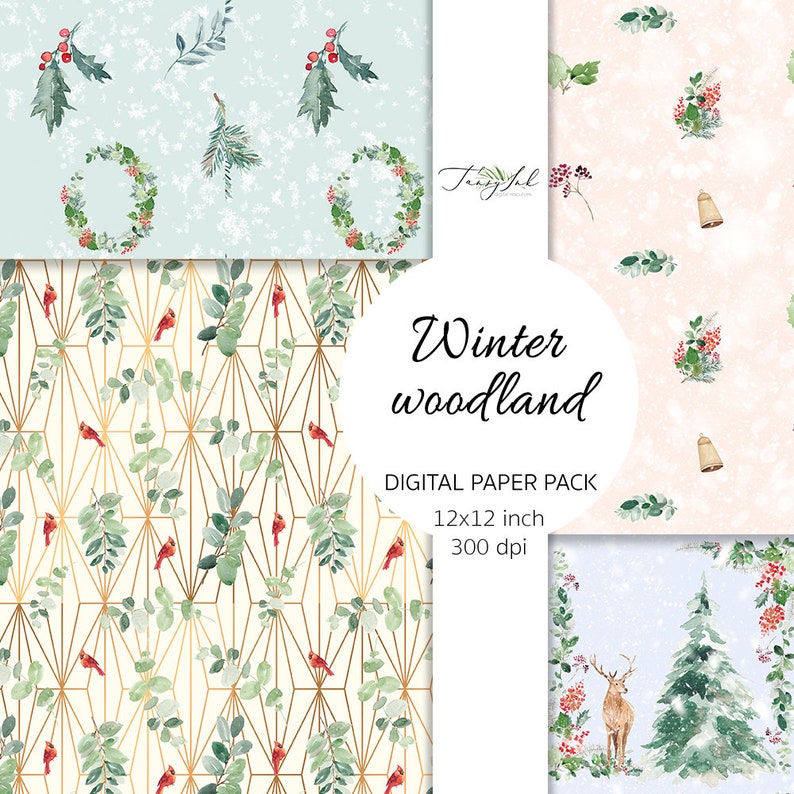 Winter Woodland Digital Paper, Christmas Background, Christmas Pattern ...