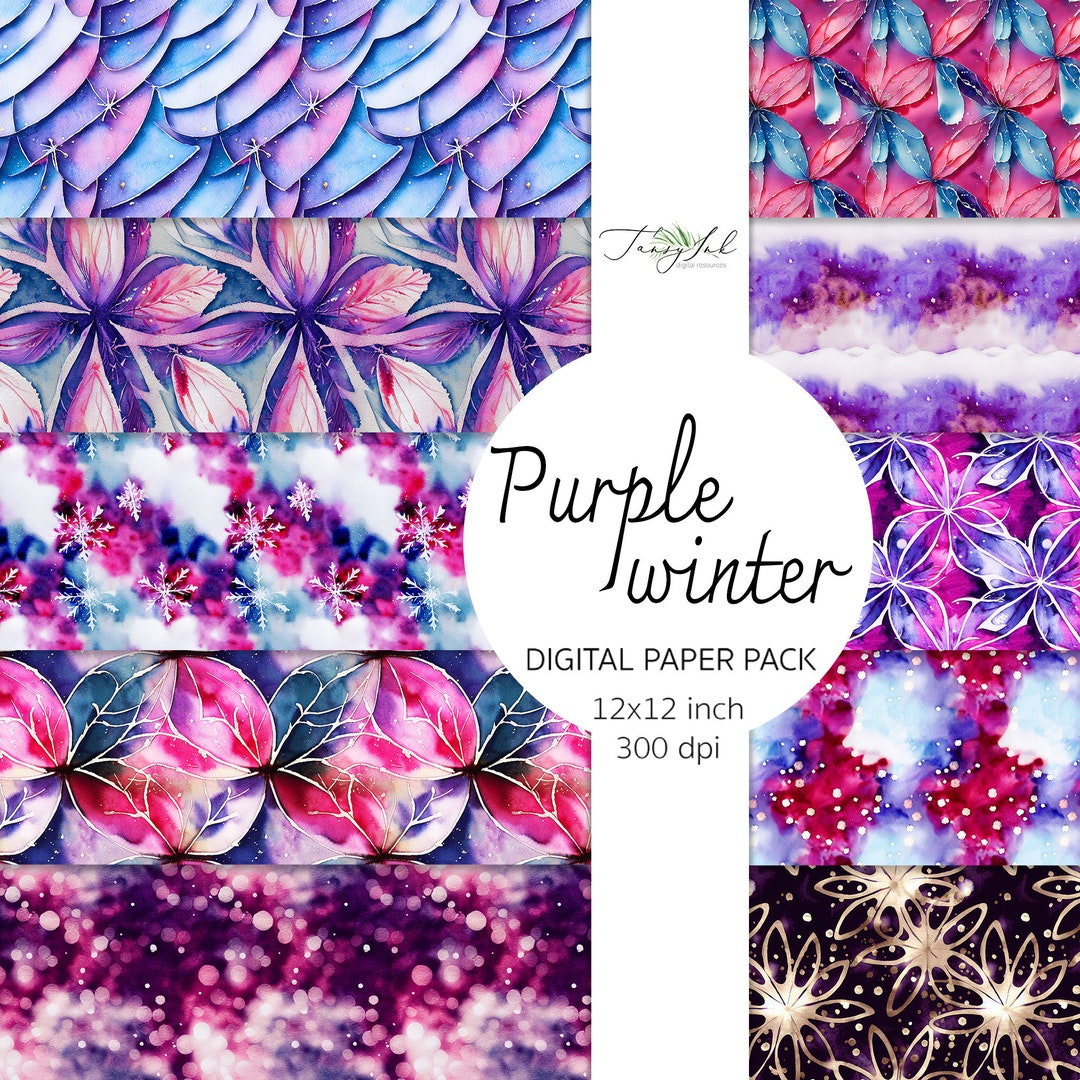 Purple Winter Digital Paper, Seamless Paper, Winter Flowers, Purple ...
