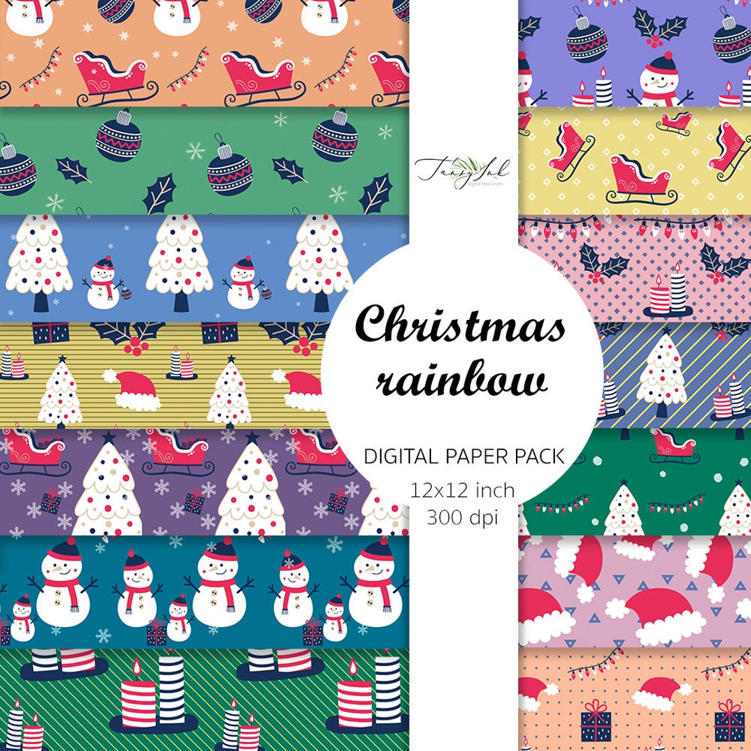 Christmas Rainbow Digital Paper, Santa Paper, Winter Backround ...
