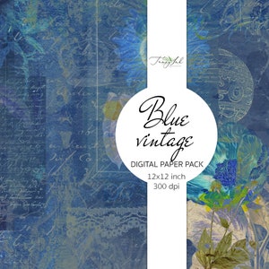 Blue Vintage Digital Paper, Grungy Blue Paper, Vintage Flowers, Old ...