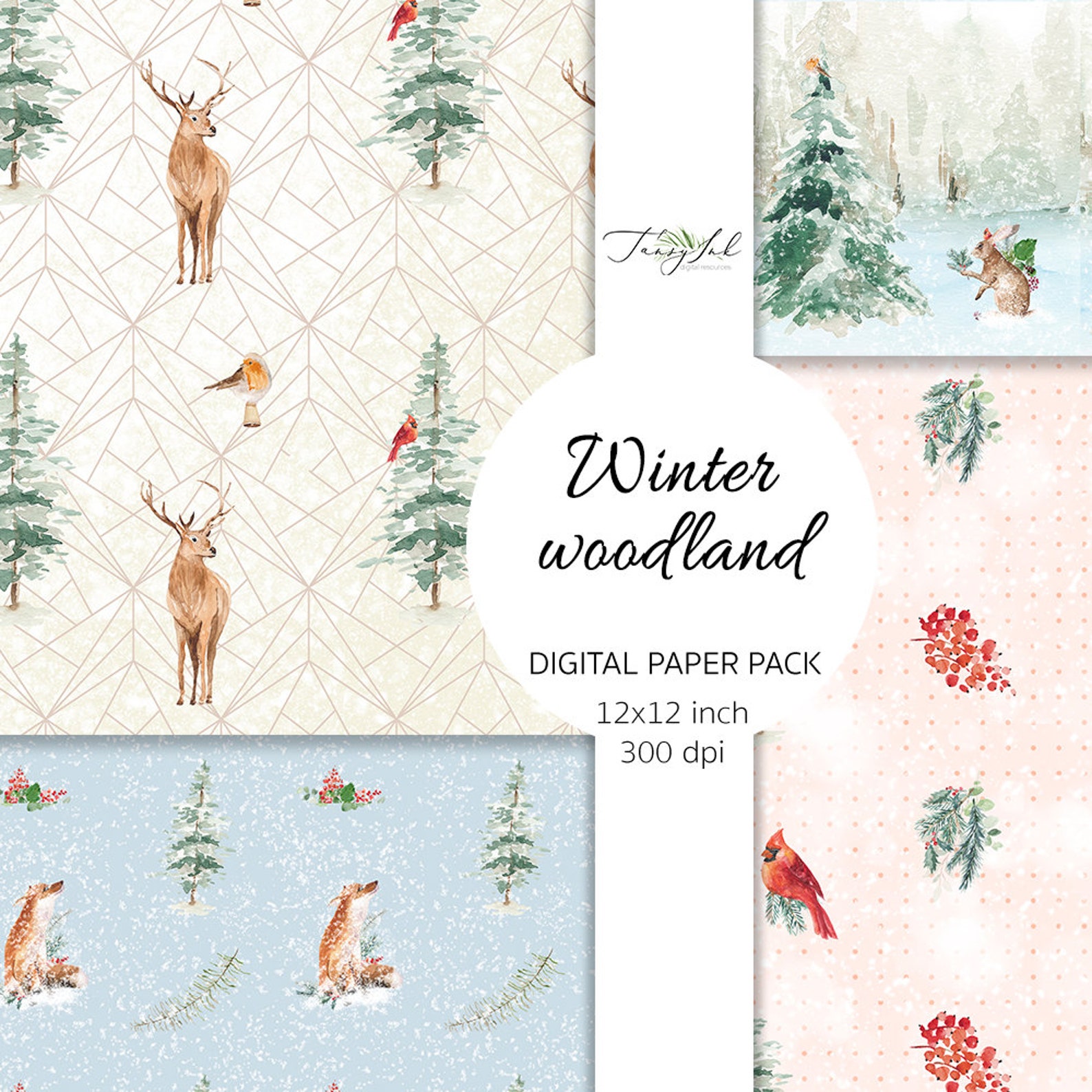Winter Woodland Digital Paper, Christmas Background, Christmas Pattern ...