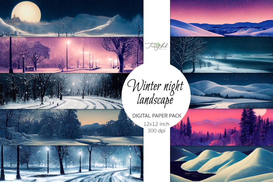Winter Night Landscape Digital Paper, Winter Background, Christmas Snow ...
