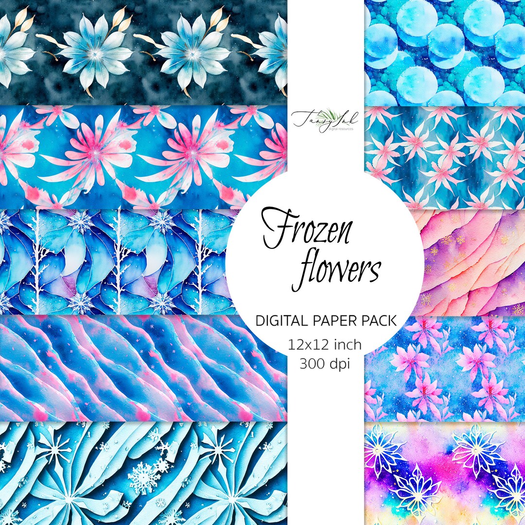 Frozen Flowers Digital Paper, Winter Seamless Paper, Snow Background ...