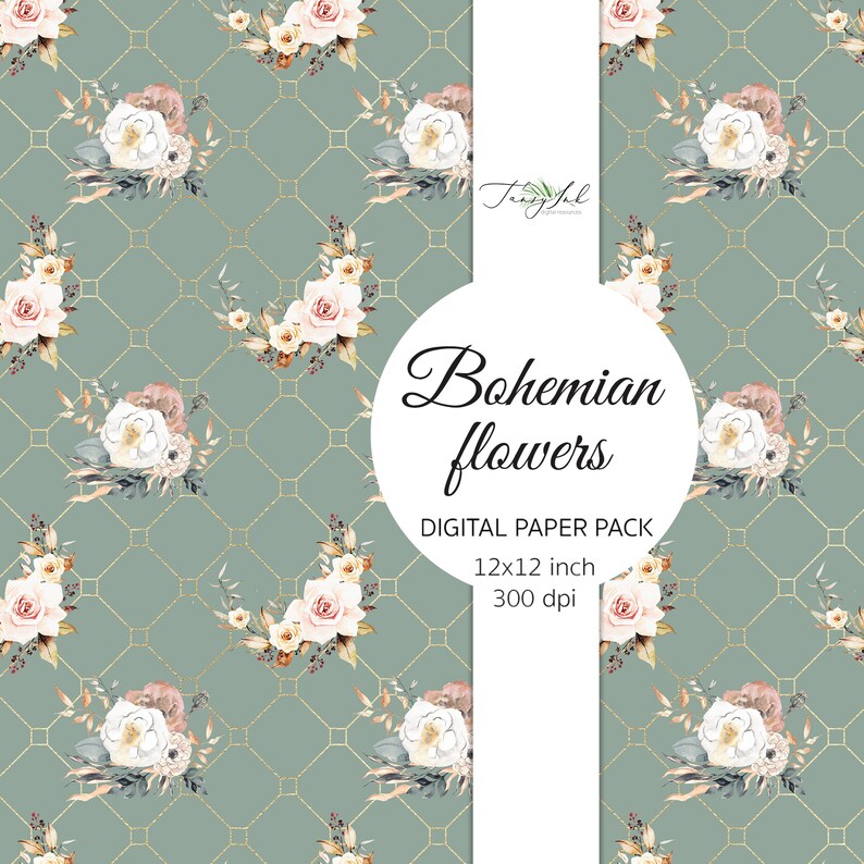Bohemian Flowers Digital Paper, Seamless Paper, Watercolor Flowers ...