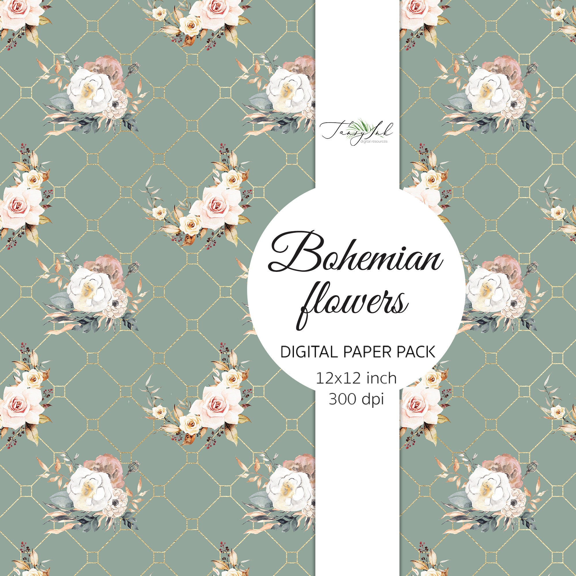 Bohemian Flowers Digital Paper, Seamless Paper, Watercolor Flowers ...