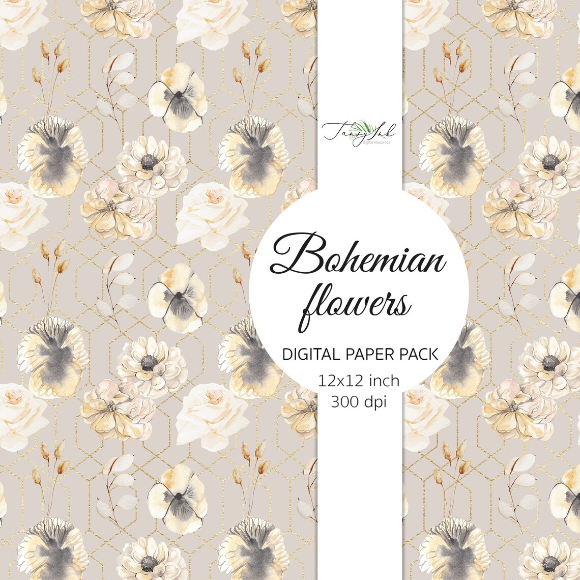 Bohemian Flowers Digital Paper, Seamless Paper, Watercolor Flowers ...
