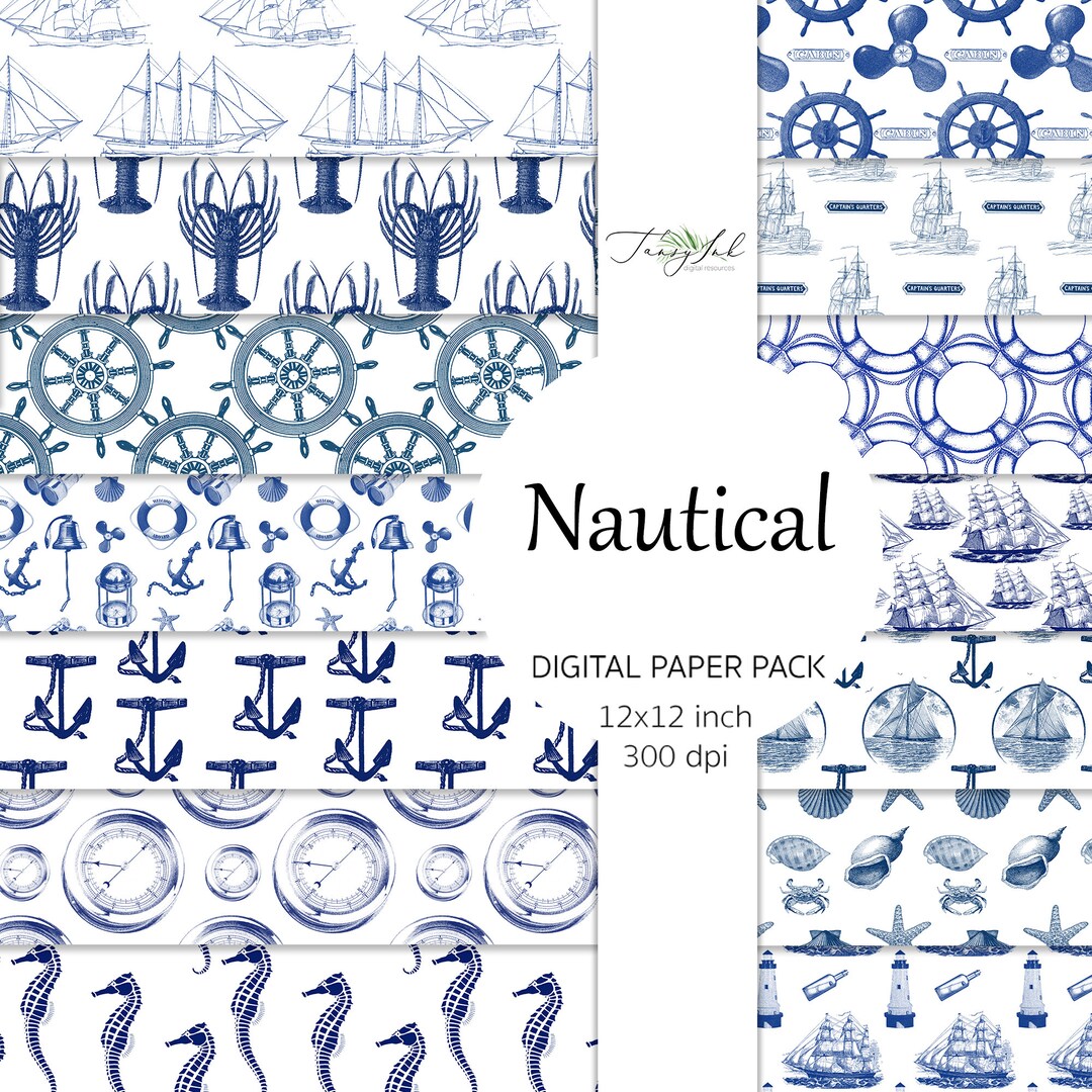 Nautical Digital Paper, Seamless Pattern, Vintage Ship, Scrapbooking ...