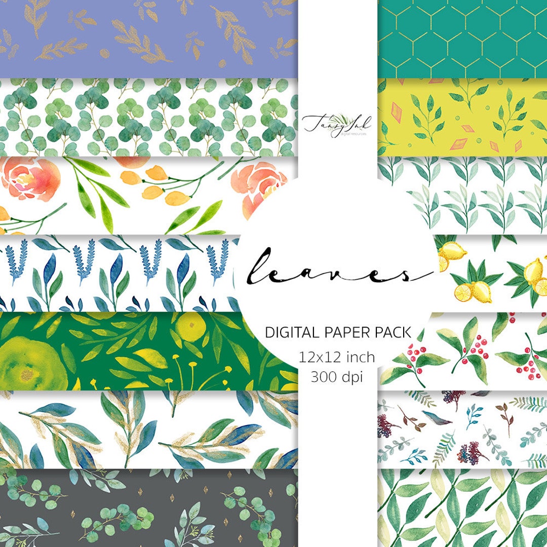 Leaves Digital Paper, Watercolor Leaves, Scrapbooking Paper, Flower ...