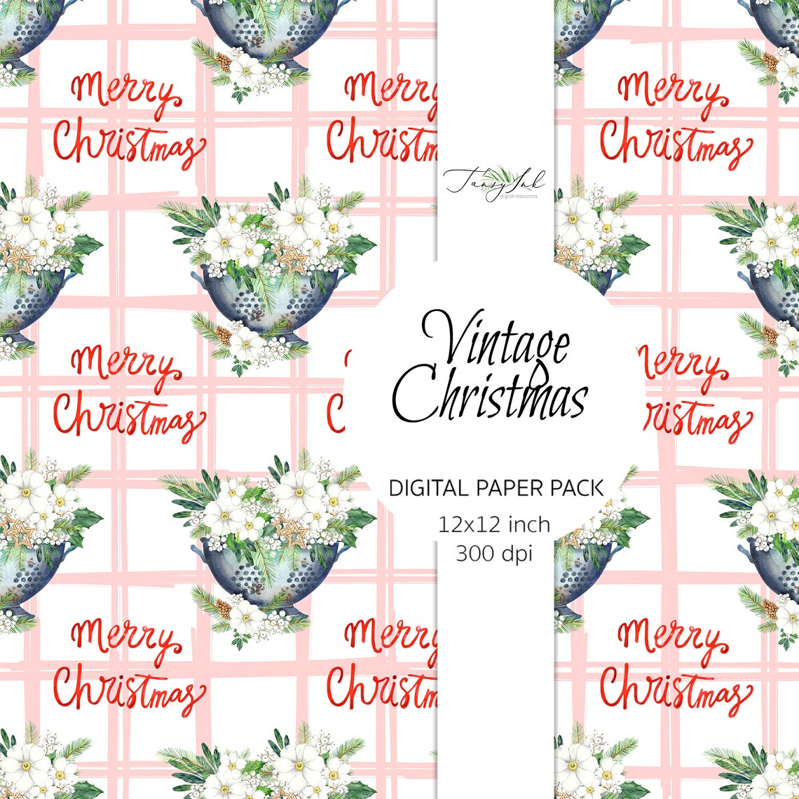 Vintage Christmas Digital Paper, Floral Pattern, Xmas Paper, Winter ...