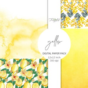 Yellow Digital Paper, Watercolor Leaves, Yellow Watercolor Paper, Lemon ...