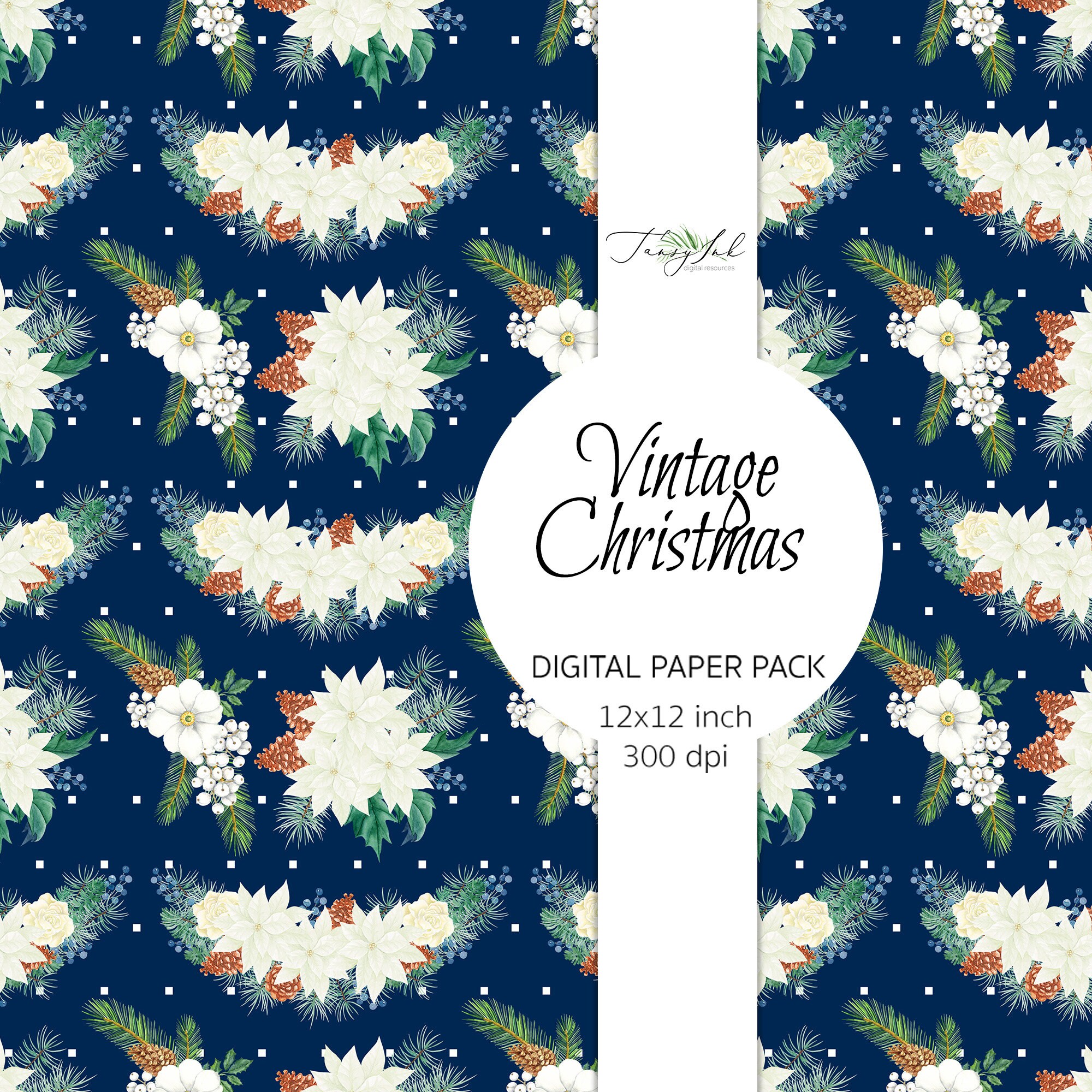 Vintage Christmas Digital Paper, Floral Pattern, Xmas Paper, Winter ...