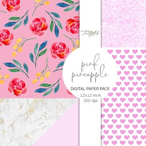 Pink Pineapple Digital Paper, Watercolor Flowers, Pink Watercolor Paper ...