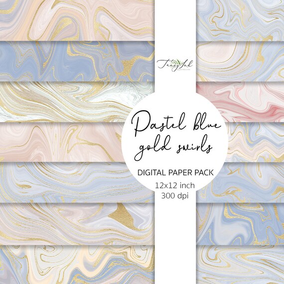 Pastel Blue Gold Swirls Digital Paper Gold Marble Paper | Etsy