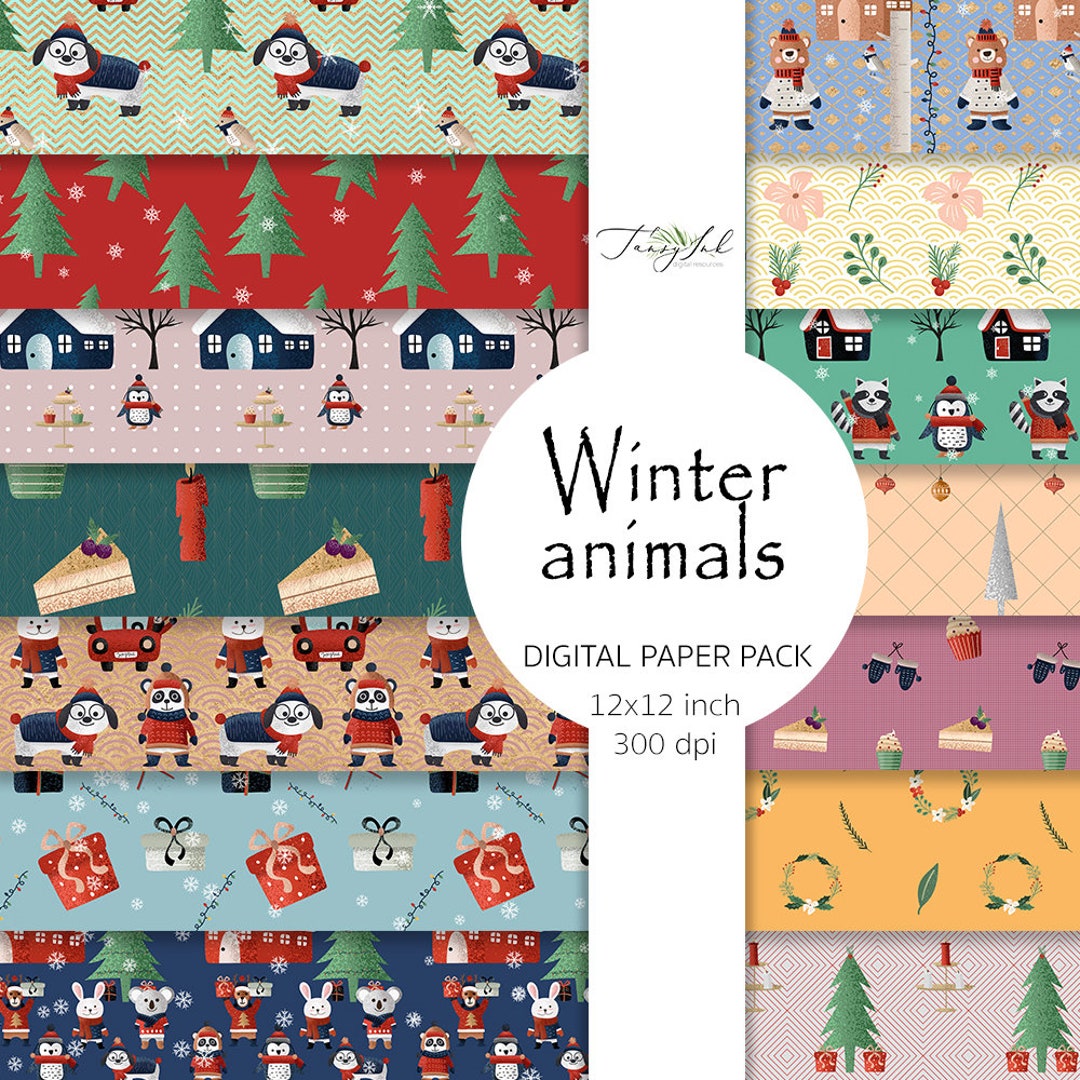 Winter Animals Digital Paper, Woodland Paper, Christmas Background ...