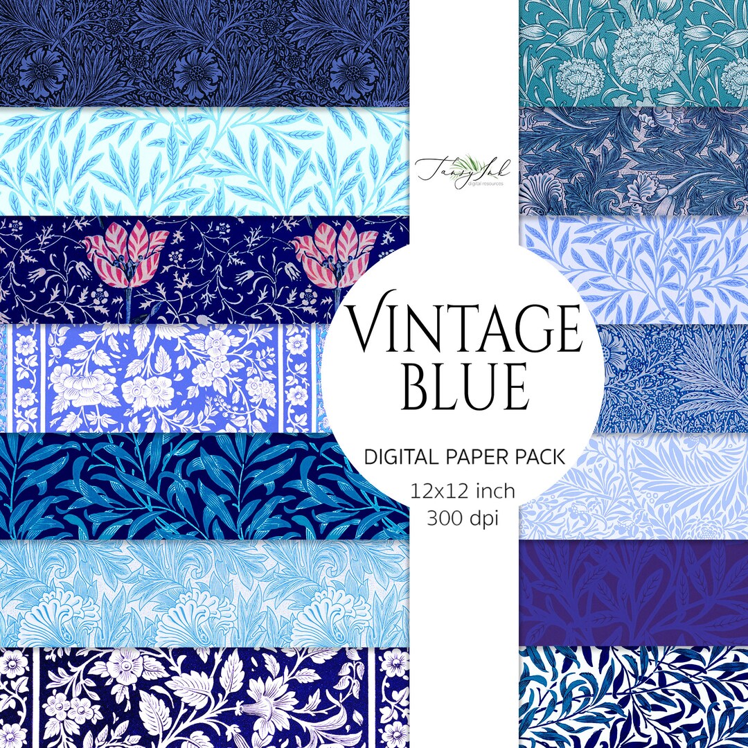 Vintage Blue Digital Paper, Blue Flowers Paper, Vintage Flowers, Old ...