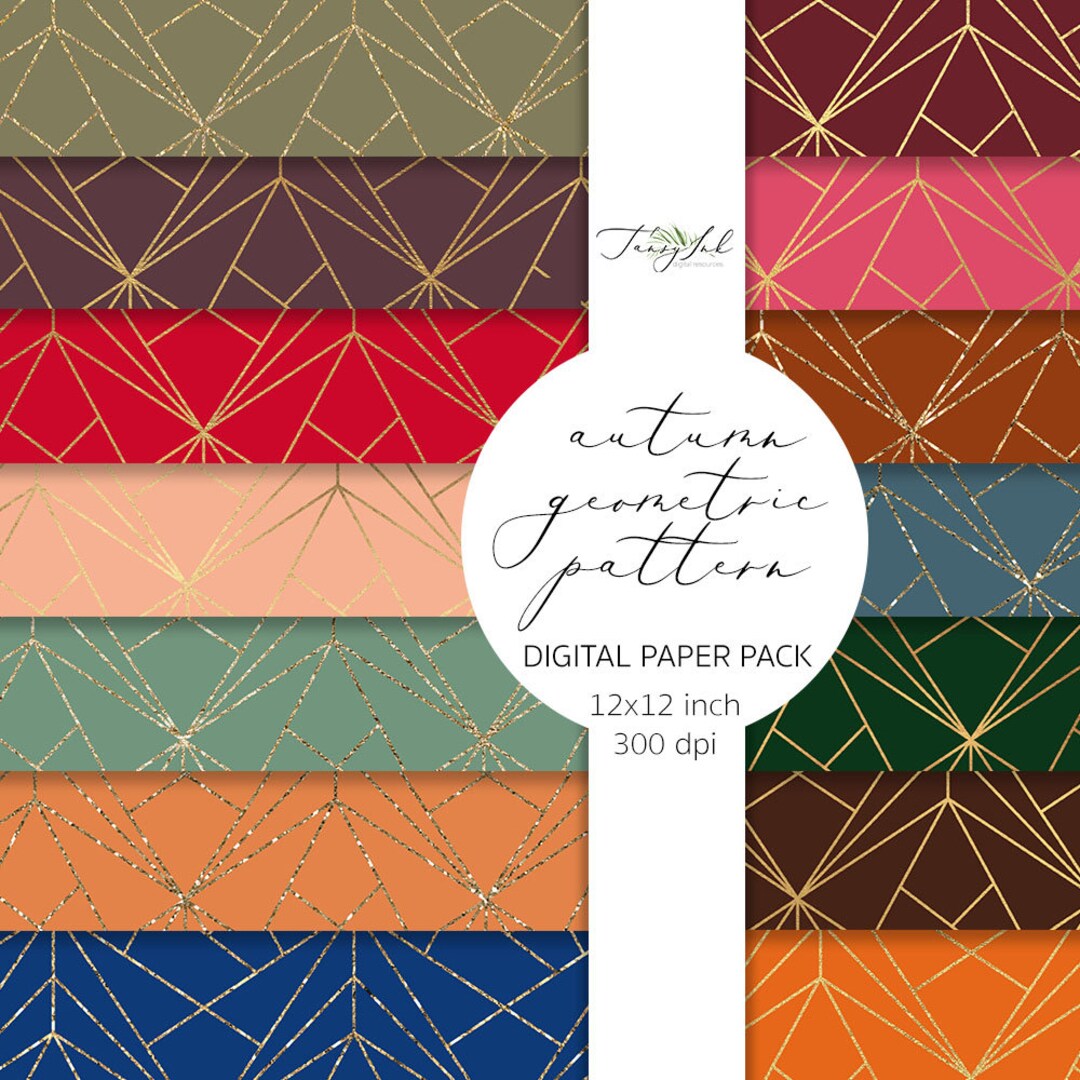 Autumn Geometric Pattern Digital Paper, Fall Paper, Gold Geometric ...
