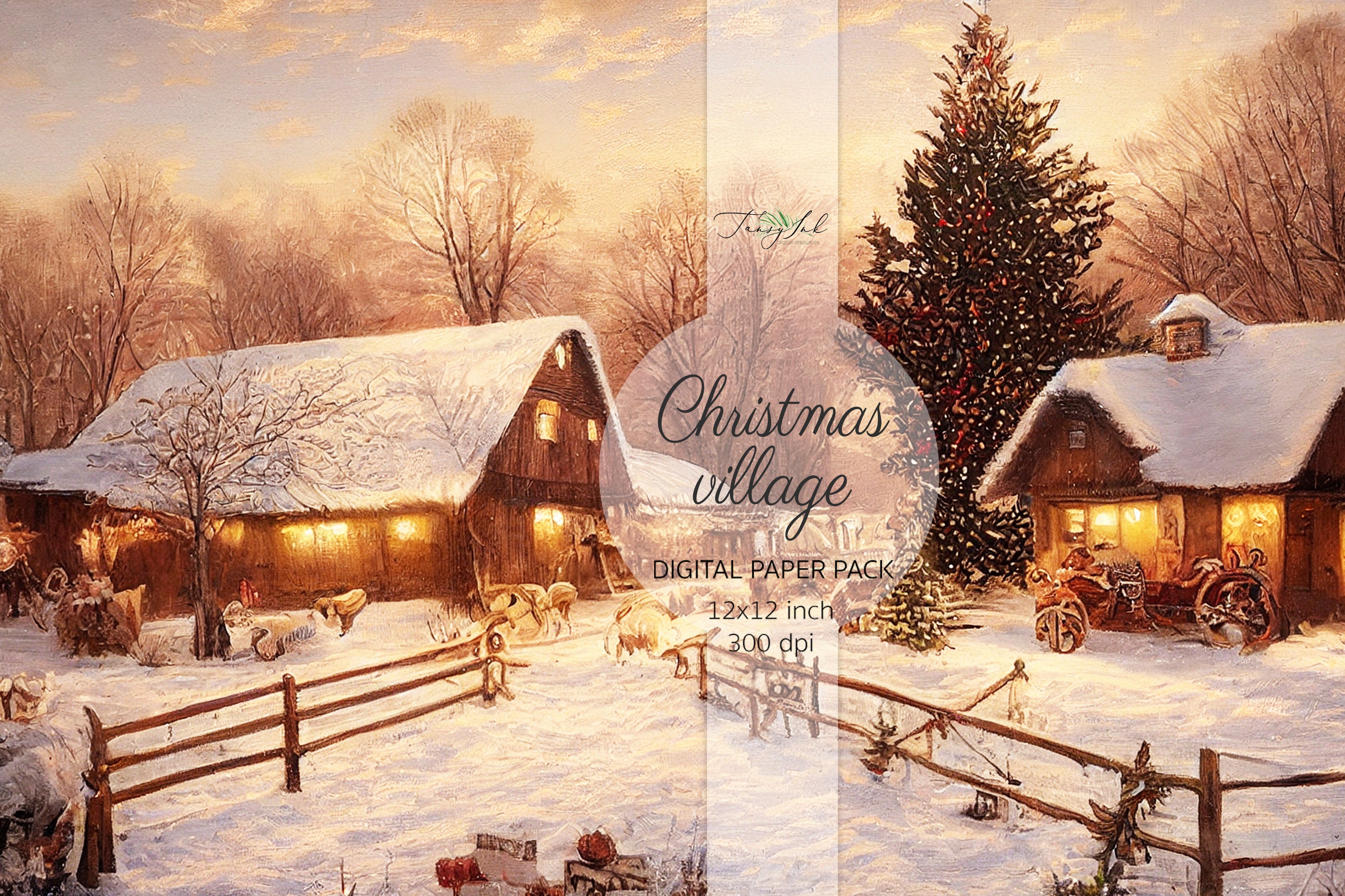 Christmas Village Digital Paper, Christmas Scrapbooking, Snowflakes ...