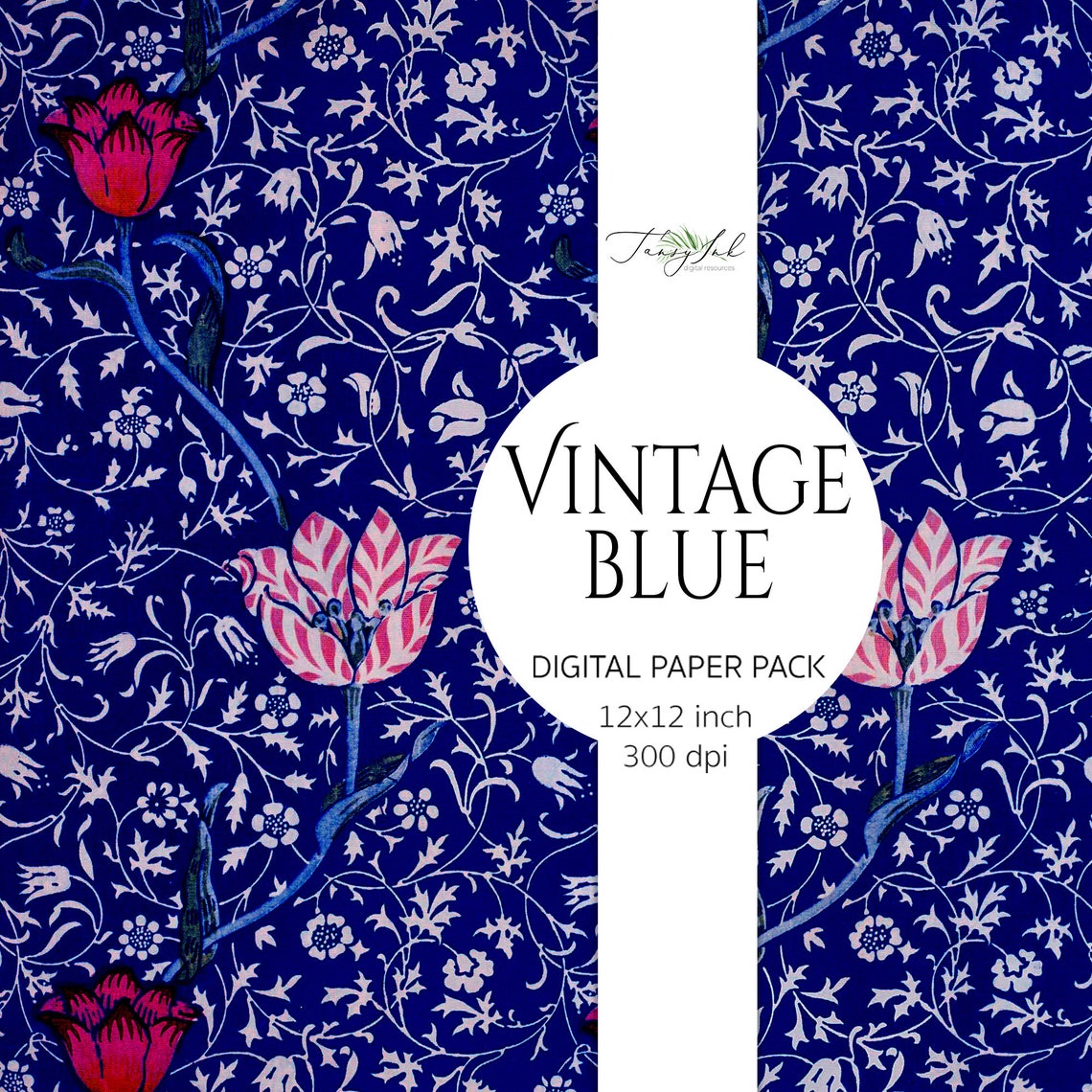 Vintage Blue Digital Paper Blue Flowers Paper Vintage - Etsy