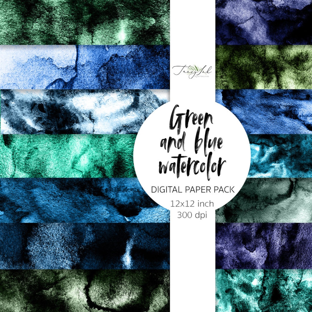 Green and Blue Watercolor Digital Paper, Blue Background, Scrapbooking ...