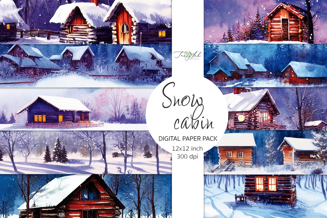 Snow Cabin Digital Paper, Seamless Pattern, Christmas Backdrop, Frozen ...