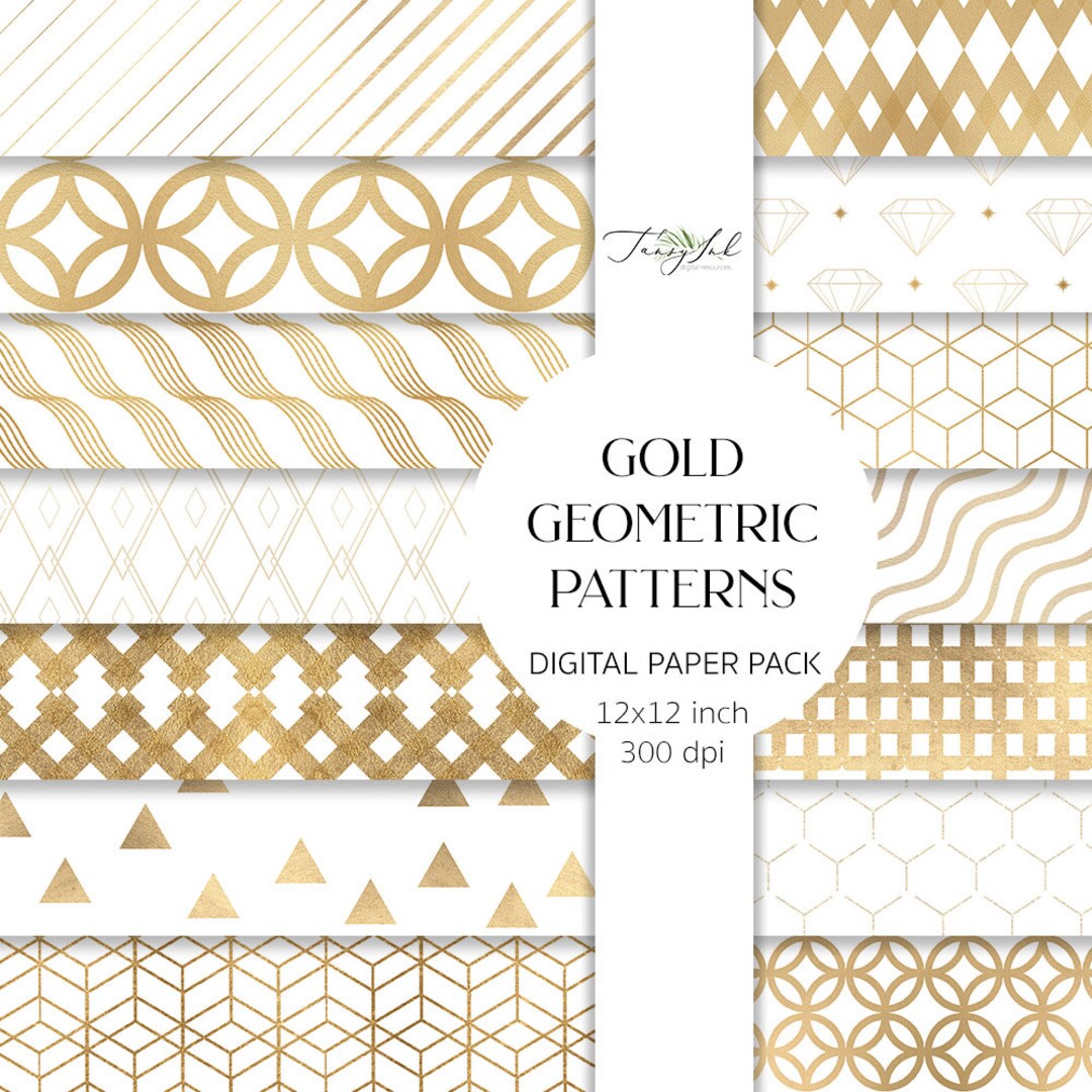 Gold Geometric Pattern Digital Paper, Stripes Pattern Paper, White Gold ...
