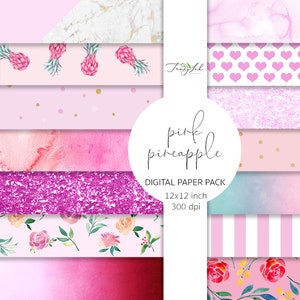 Pink Pineapple Digital Paper, Watercolor Flowers, Pink Watercolor Paper ...