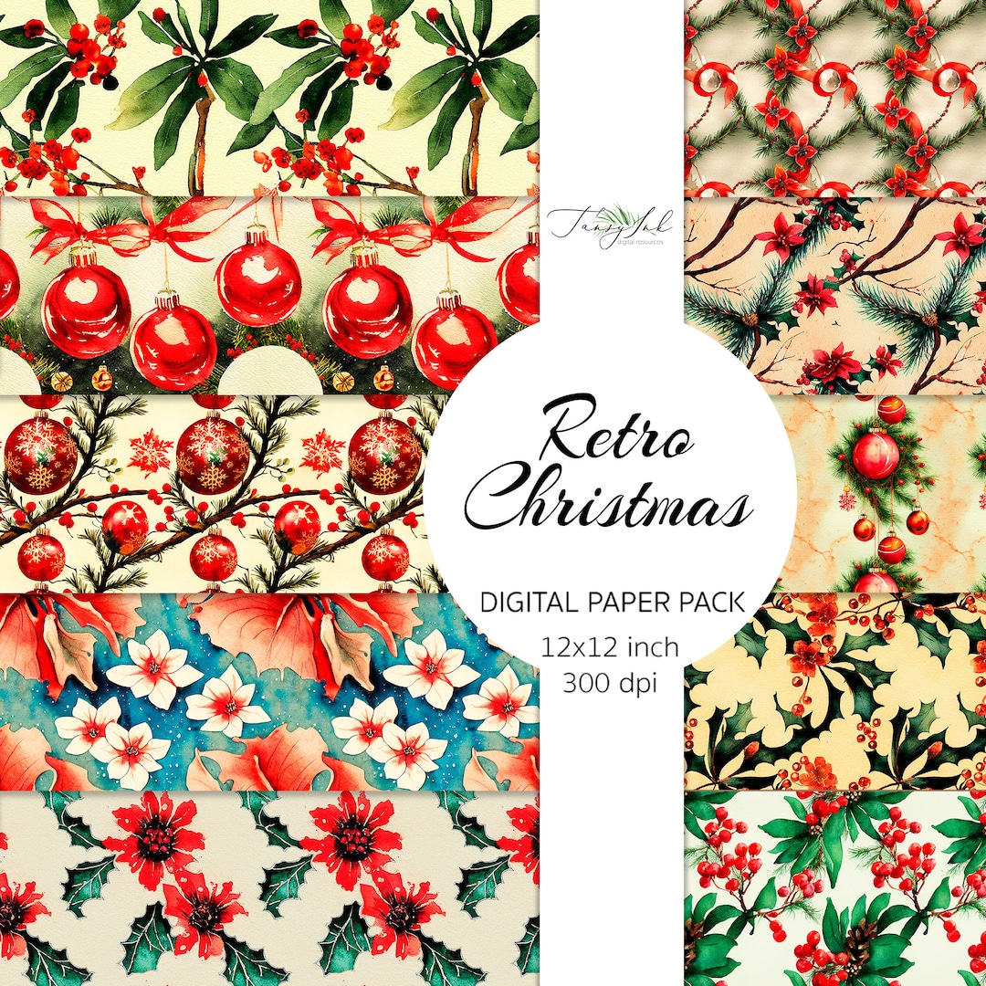 Retro Christmas Digital Paper, Seamless Paper, Vintage Winter Paper ...