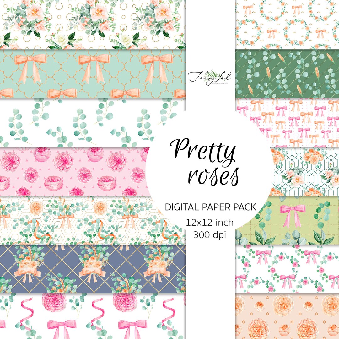 Pretty Roses Digital Paper, Seamless Paper, Pink Bows, Pink Roses Paper ...