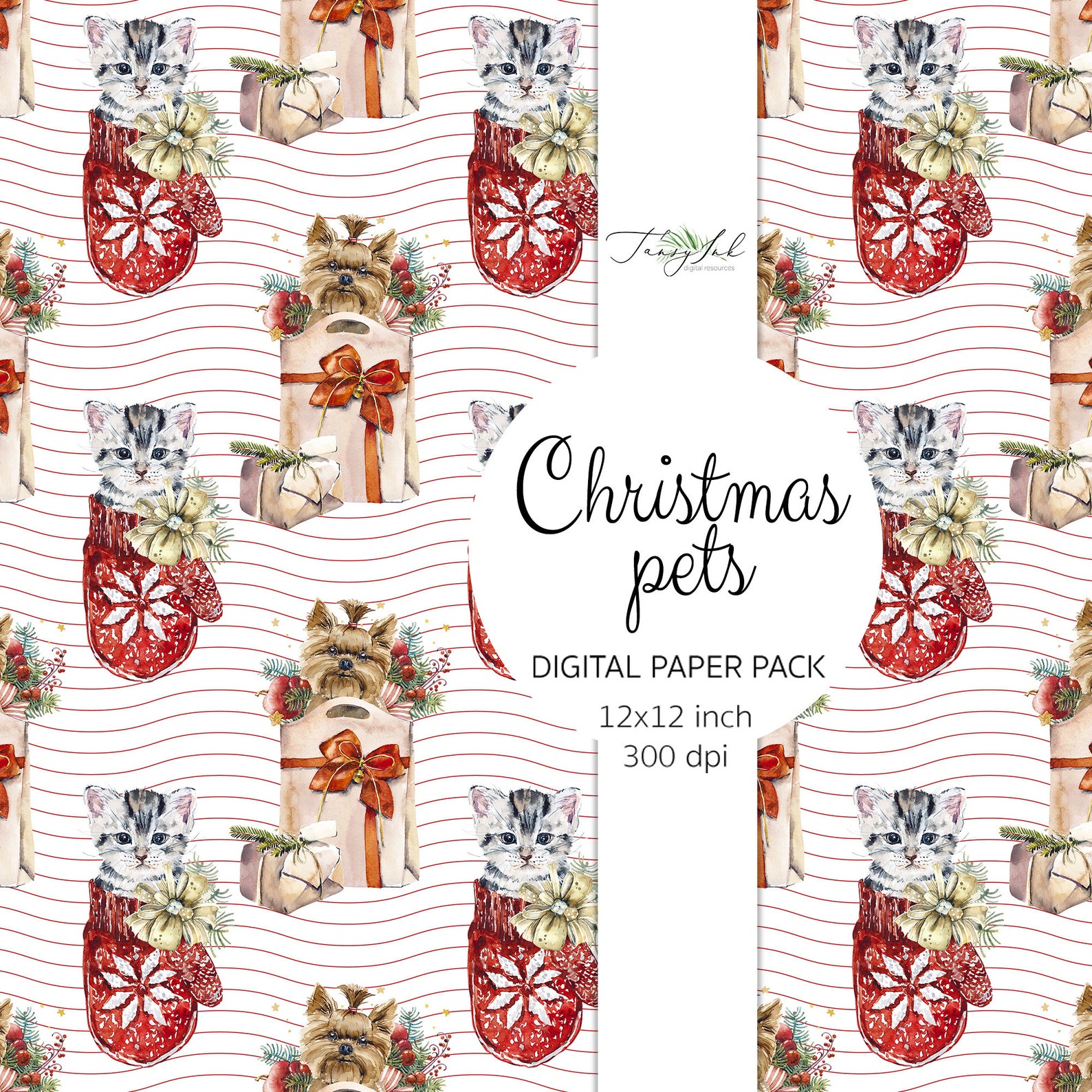 Christmas Pets Digital Paper, Seamless Pattern, Animals Background ...