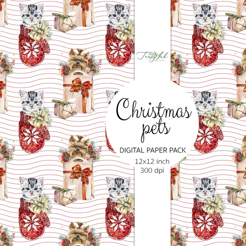 Christmas Pets Digital Paper, Seamless Pattern, Animals Background ...