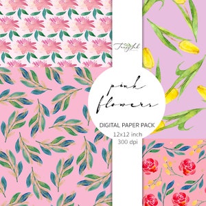 Pink Flowers Digital Paper, Watercolor Flowers, Scrapbooking Paper ...