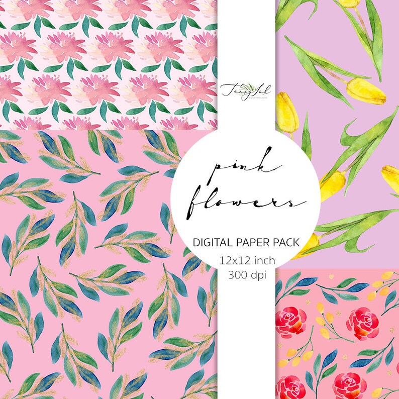 Pink Flowers Digital Paper Watercolor Flowers Scrapbooking - Etsy