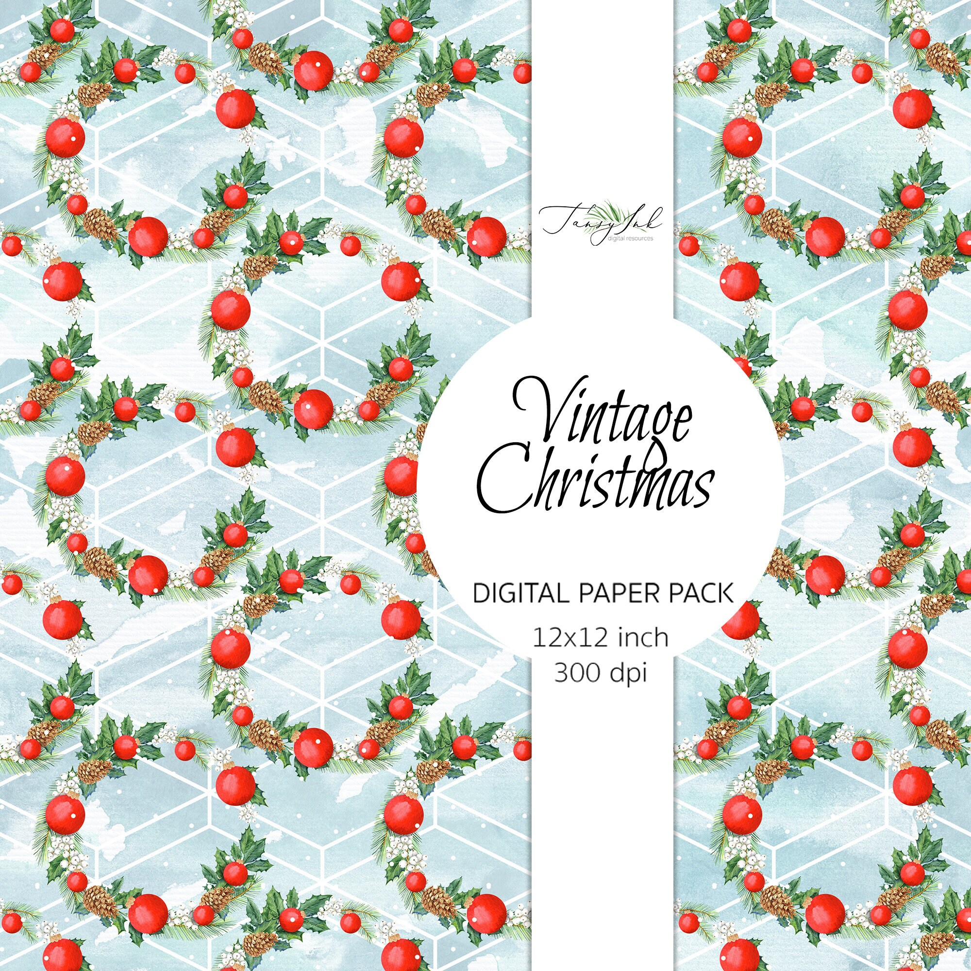 Vintage Christmas Digital Paper, Floral Pattern, Xmas Paper, Winter ...