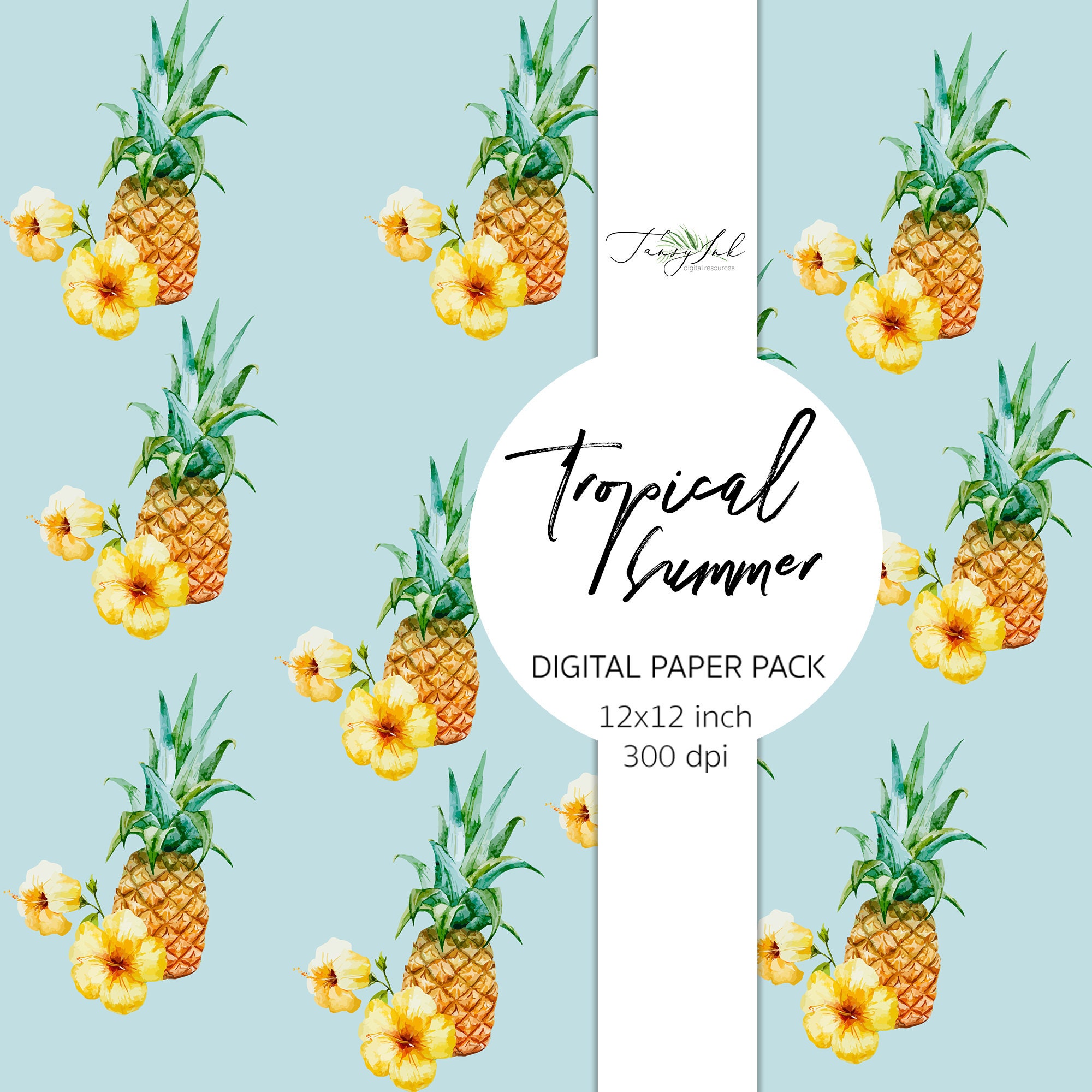 Tropical Summer Digital Paper, Summer Wedding, Beach Paper, Pineapple ...