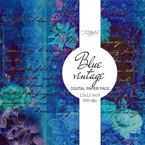 Blue Vintage Digital Paper, Grungy Blue Paper, Vintage Flowers, Old ...