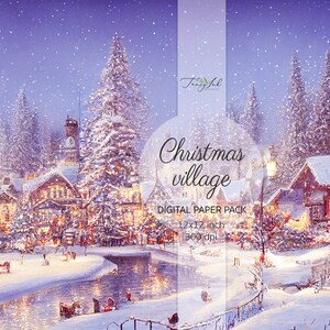 Christmas Village Digital Paper, Christmas Scrapbooking, Snowflakes ...