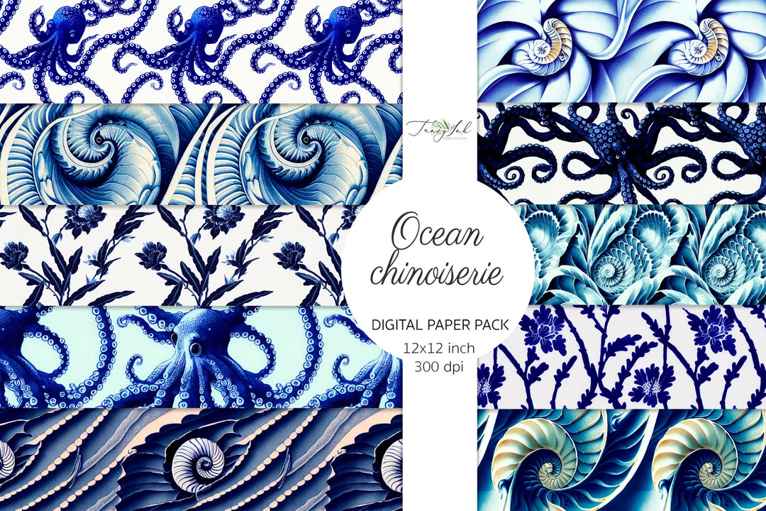 Ocean Chinoiserie SEAMLESS Digital Paper, Oriental Backdrop, Octopus ...