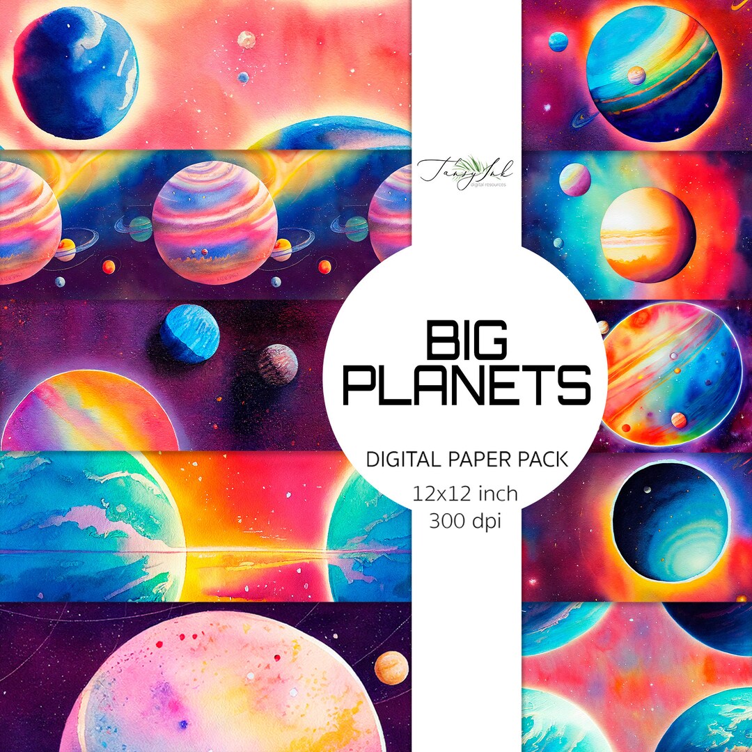 Big Planets Digital Paper, Seamless Pattern, Rainbow Scrapbooking Paper ...