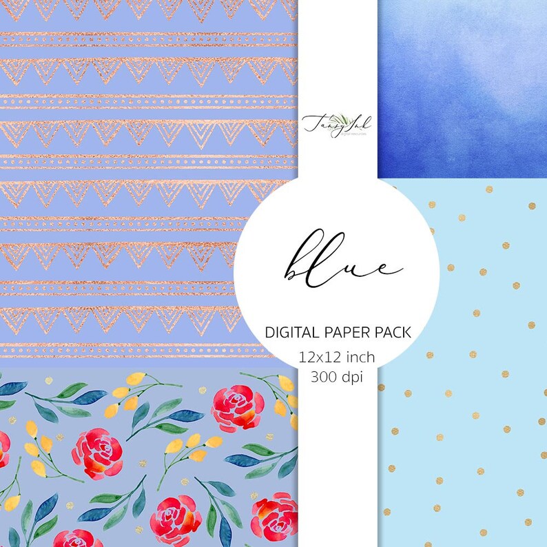 Blue Digital Paper Watercolor Flowers Blue Watercolor Paper - Etsy