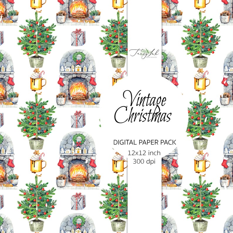 Vintage Christmas Digital Paper, Floral Pattern, Xmas Paper, Winter ...