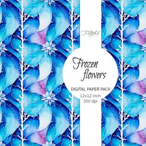 Frozen Flowers Digital Paper, Winter Seamless Paper, Snow Background ...