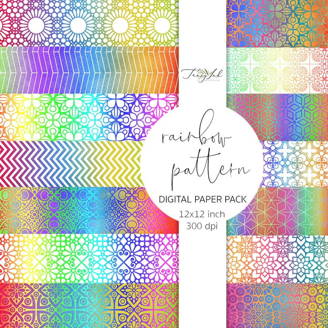 Rainbow Patterns Digital Paper, Rainbow Watercolor Gradient, Flower ...
