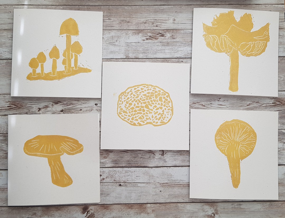 Mushroom Card Pack 1, Mushroom Print, Celebration Card, Lino Print ...