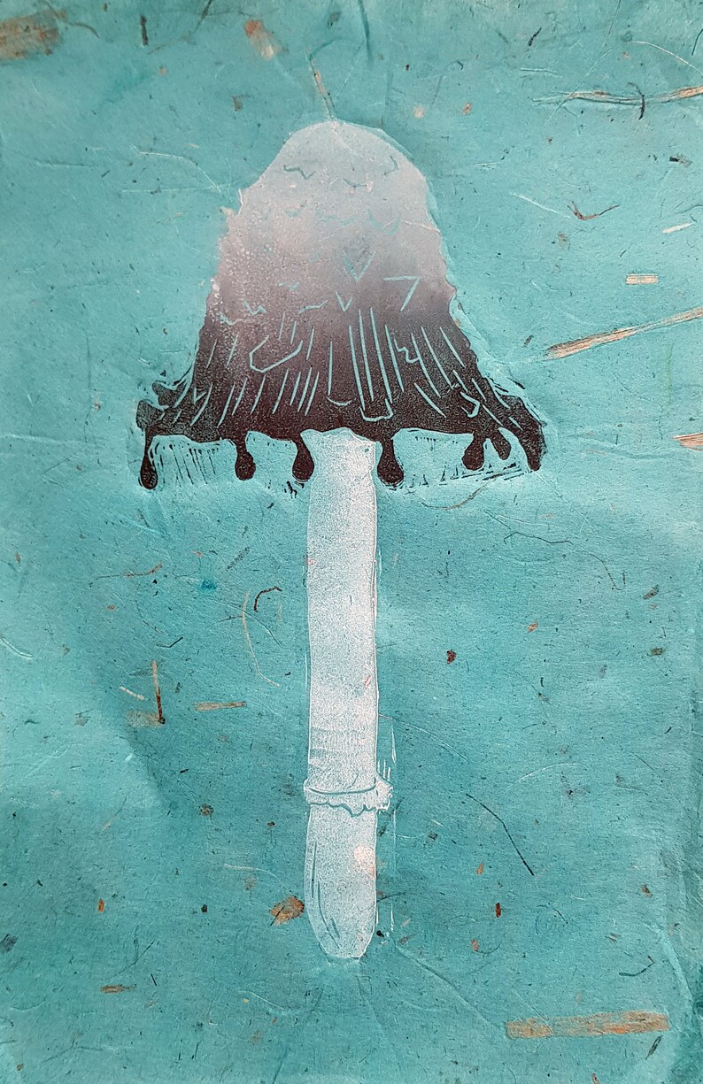 Shaggy Inkcap, Mushroom Print, Lino Art, Block Print, Relief Print ...