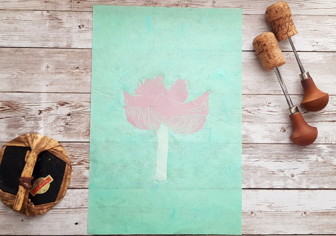 Pink Waxcap, Mushroom Print, Lino Art, Block Print, Relief Print ...
