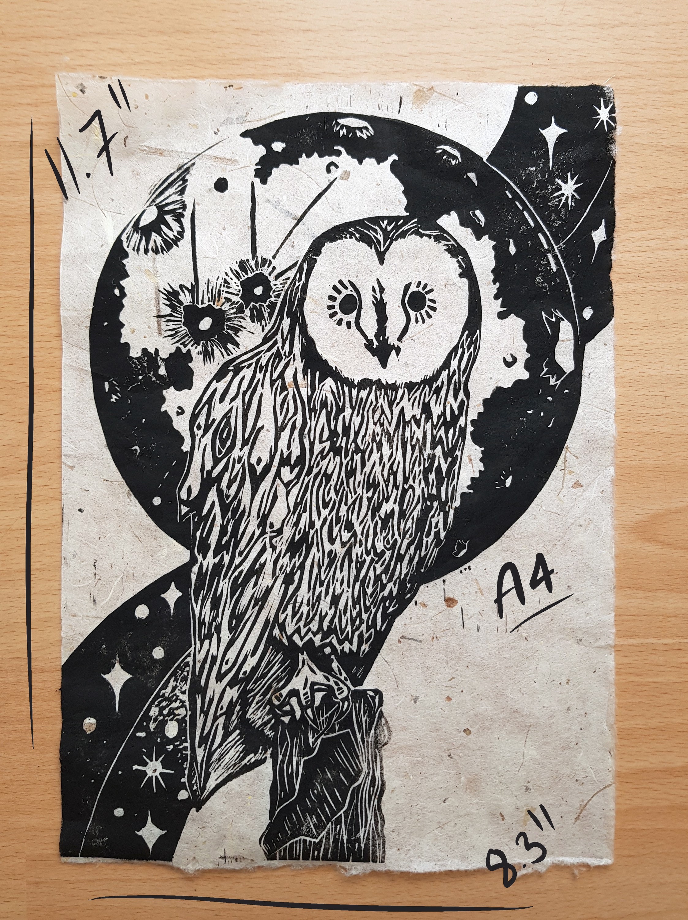 Barn Owl Lino Print, Block Print, Handprinted Art, Relief Print, Owl ...