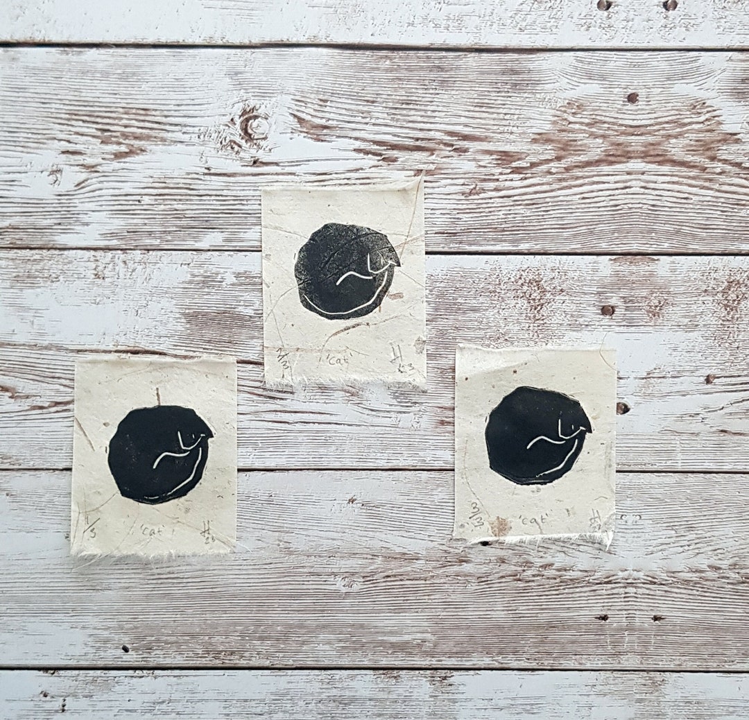 Black Cat Lino Print: Sleepy Kitty Block Print on Thai Mulberry Paper ...